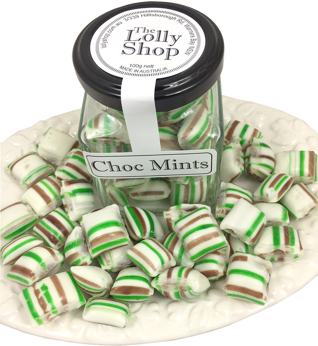 Choc Mints - Boiled Lollies Rock Candy 130g Jars